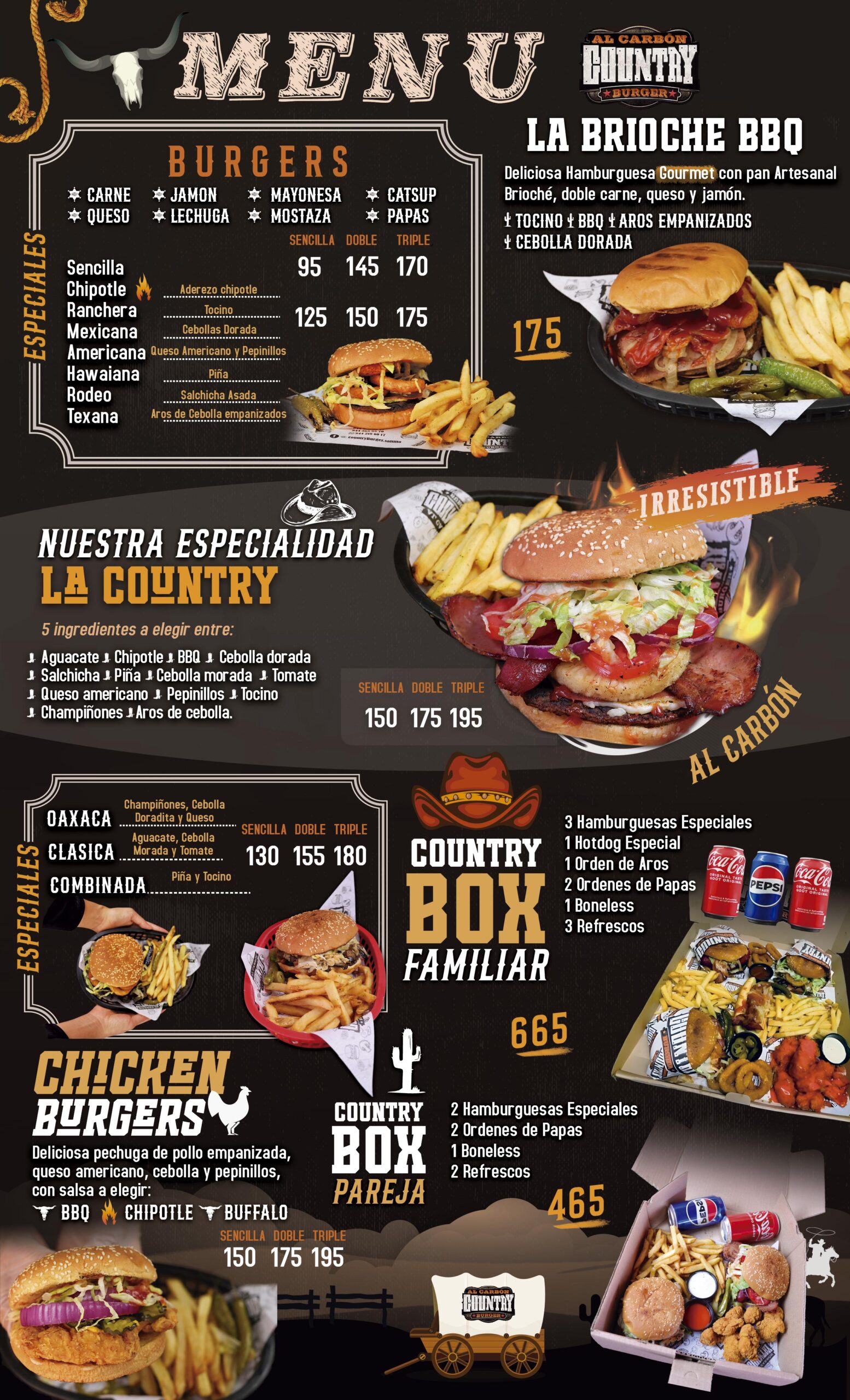 Menú Country Burger Saltillo - Diseño de Sitios web Saltillo